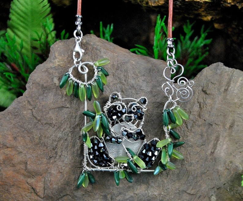 Wire Sculpture Panda Necklace // Sterling With Green and Black Beads on ...