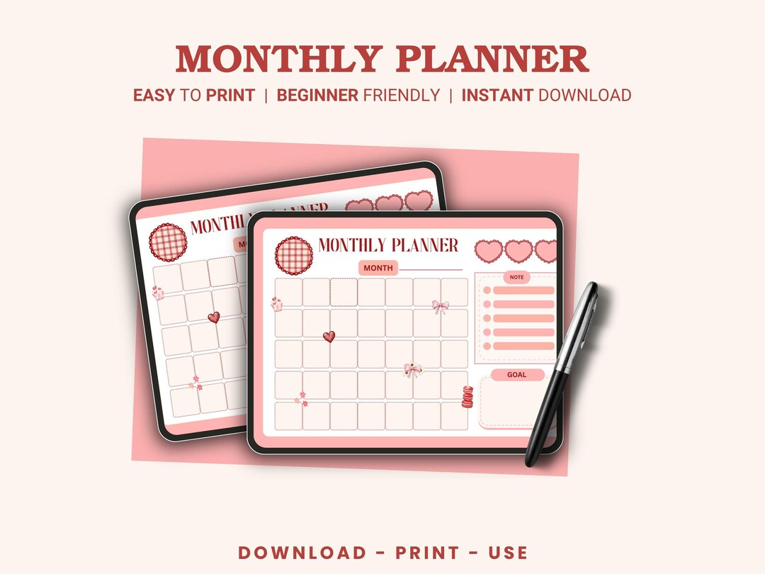 Monthly Planner Printable PDF Undated Calendar Goal Setting Habit ...