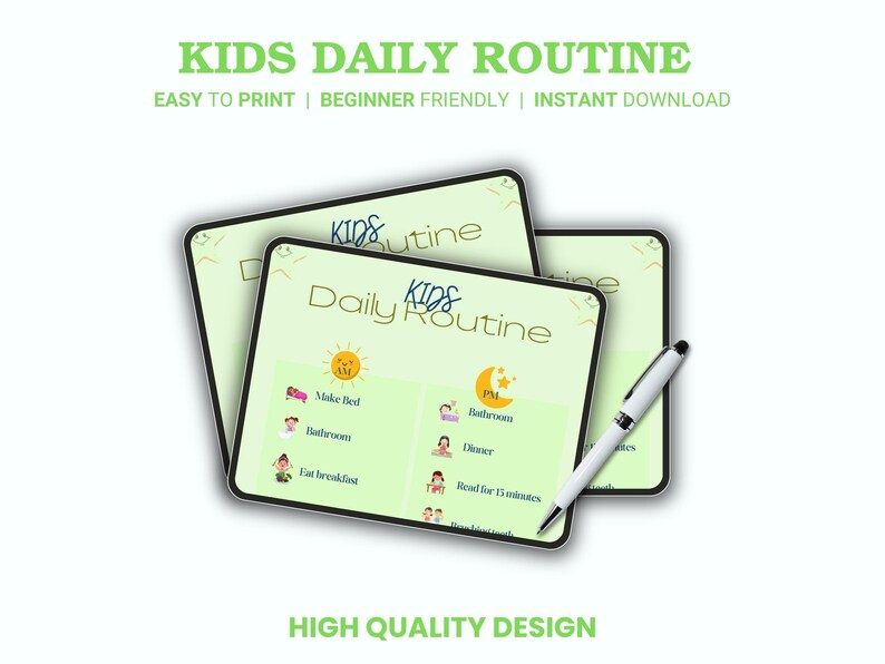 Printable Green Kids Daily Routine Chart | Visual Schedule for Kids ...
