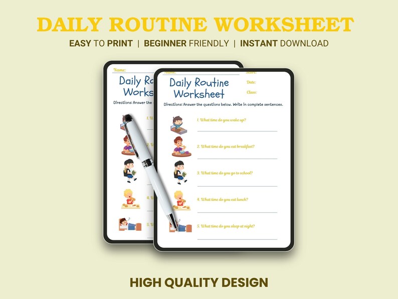 Printable Yellow and White Daily Routines Worksheet | Morning & Evening ...