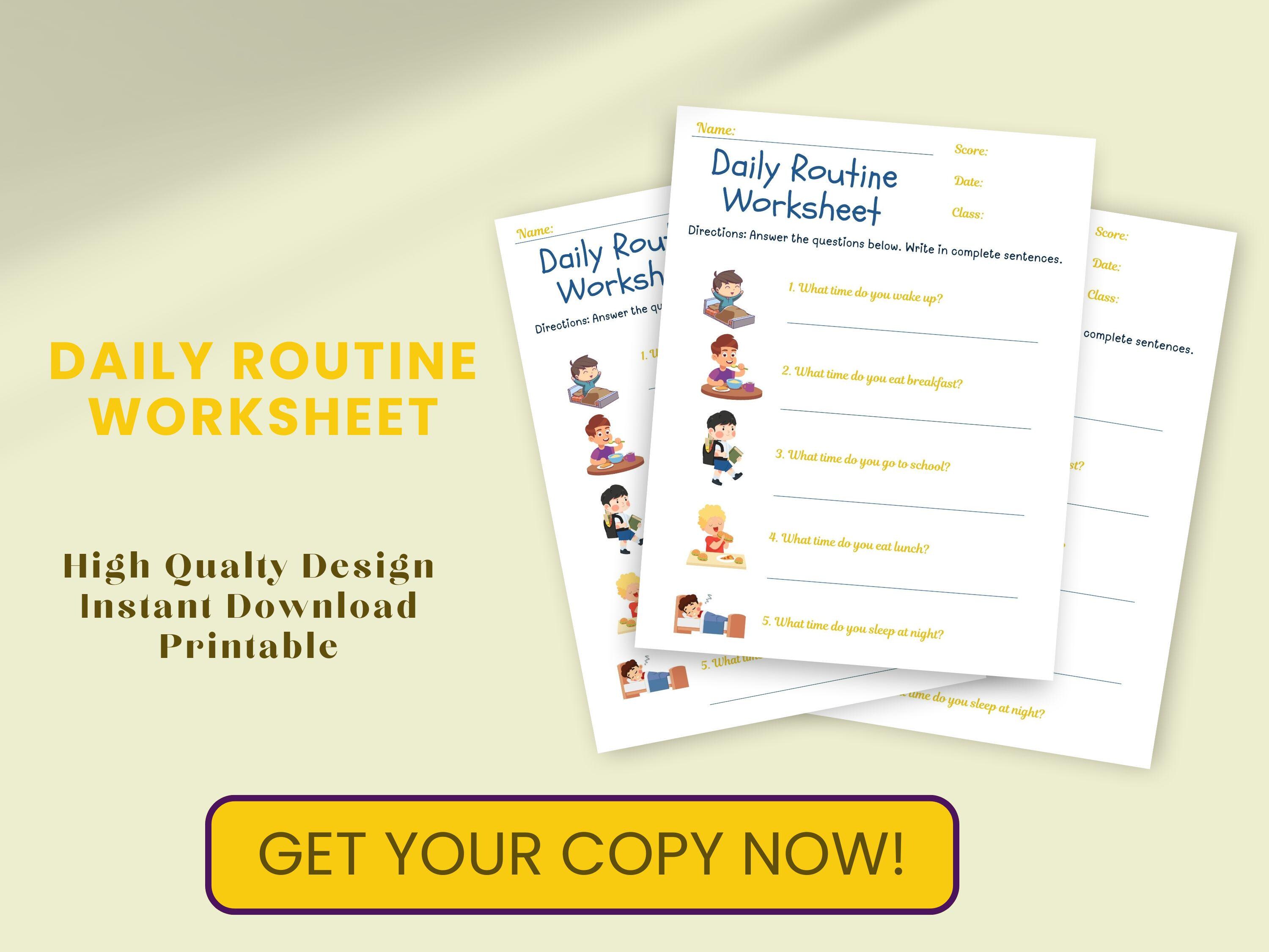 Printable Yellow and White Daily Routines Worksheet | Morning & Evening ...