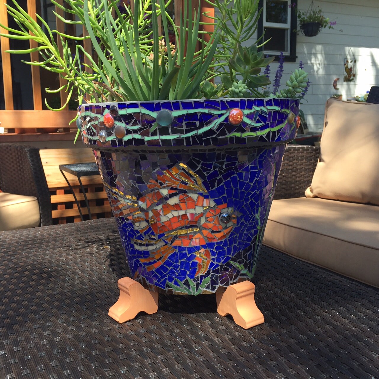 Mosaic koi fish planter stained glass in blue and gold | Etsy