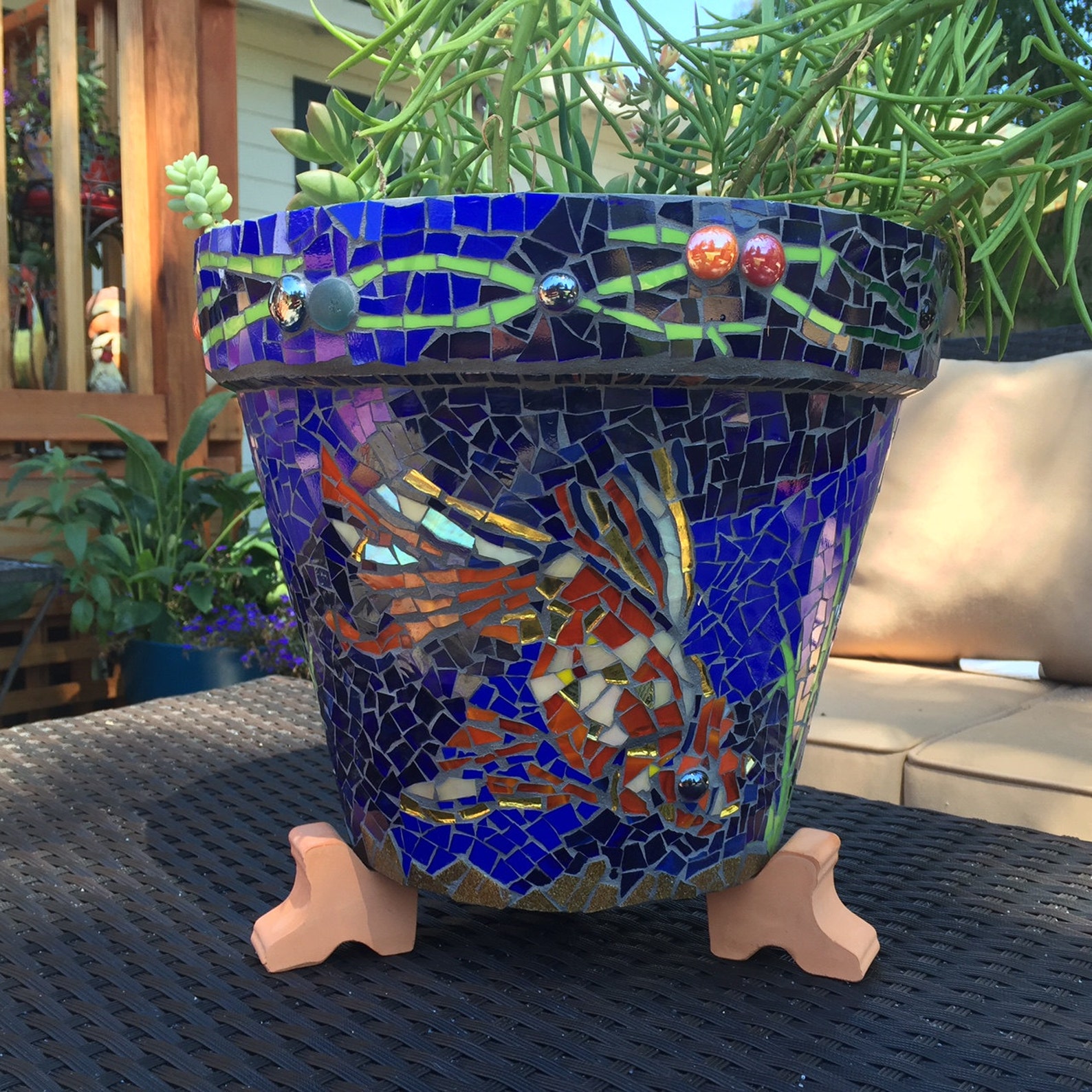 Mosaic Koi Fish Planter Stained Glass in Blue and Gold - Etsy