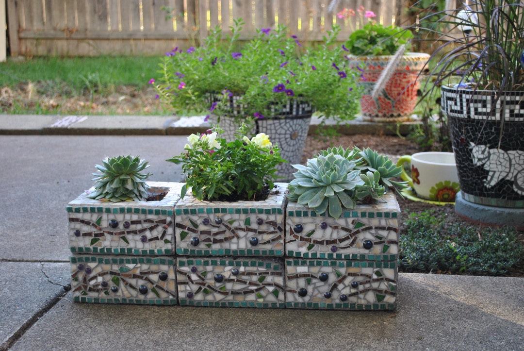 Custom Designed Mosaic Cinder Block Herb Garden Planter Olive Branch ...