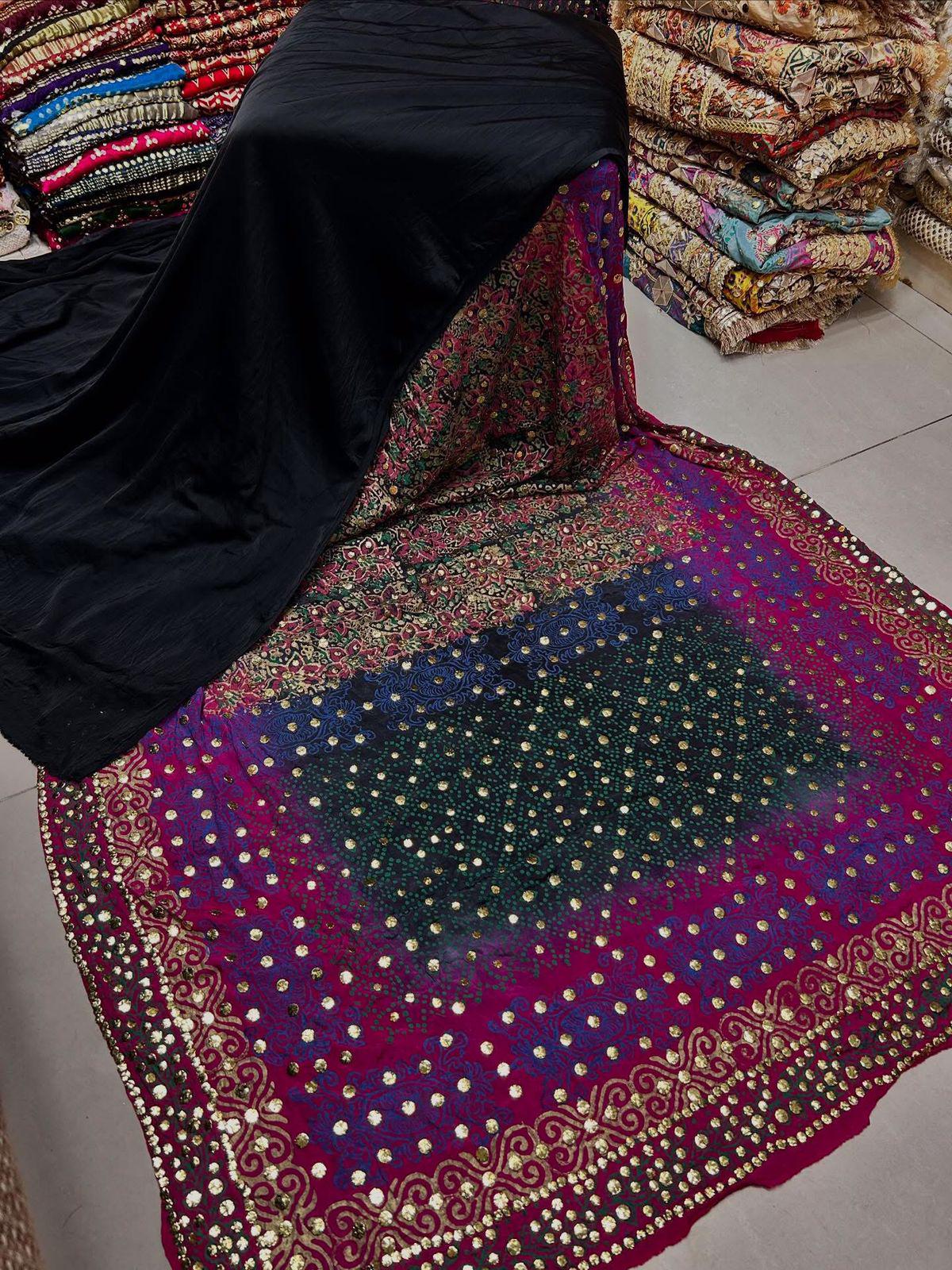 Mukesh Work Silk Suit: Block Print Dupatta, Unstitched Fabric - Etsy