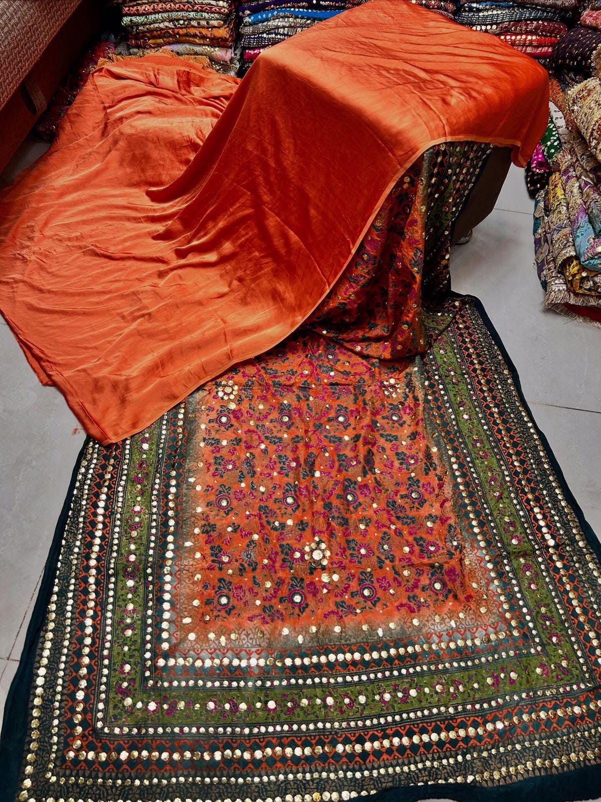Mukesh Work Silk Suit: Block Print Dupatta, Unstitched Fabric - Etsy
