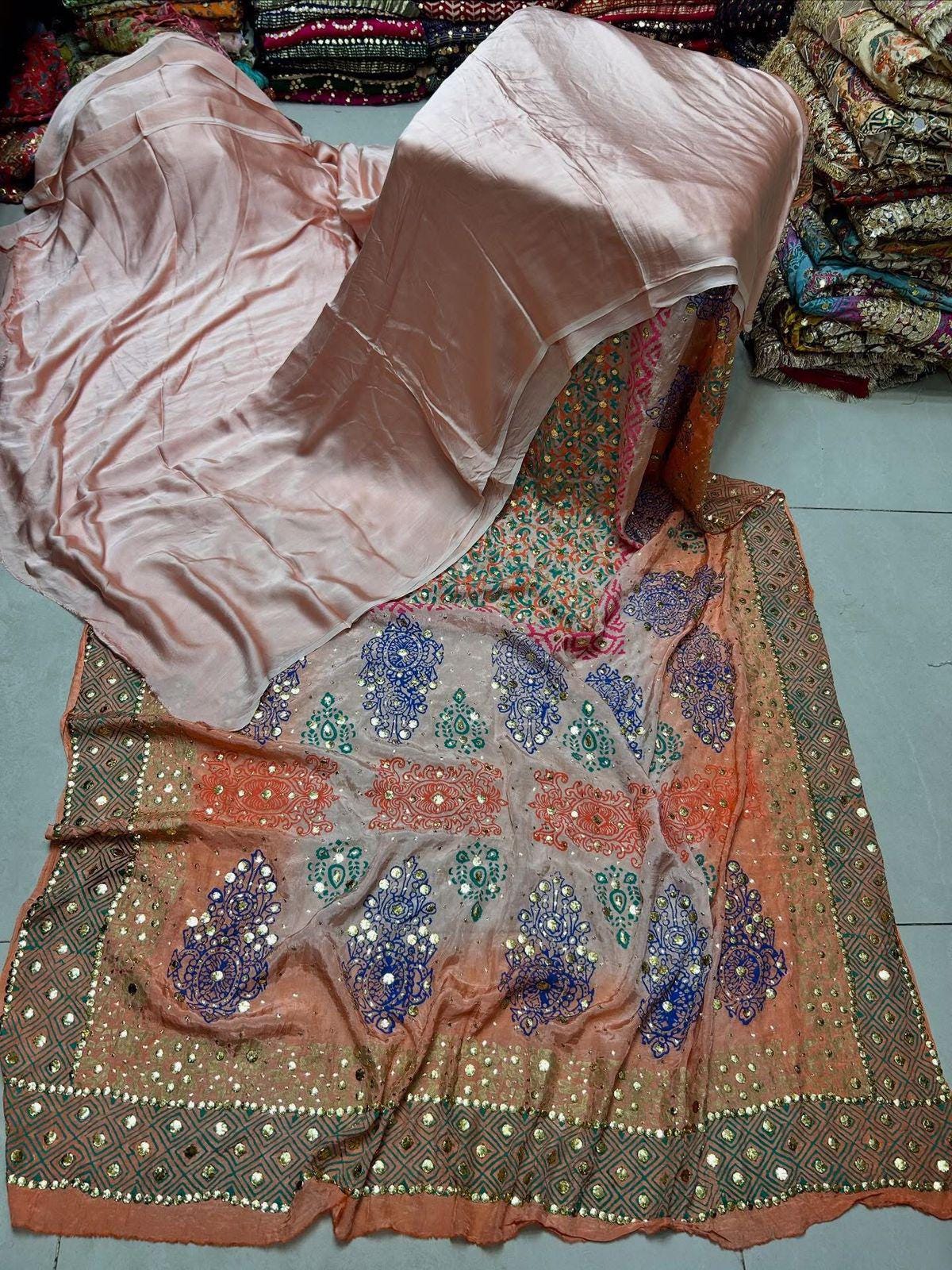Mukesh Work Silk Suit: Block Print Dupatta, Unstitched Fabric - Etsy