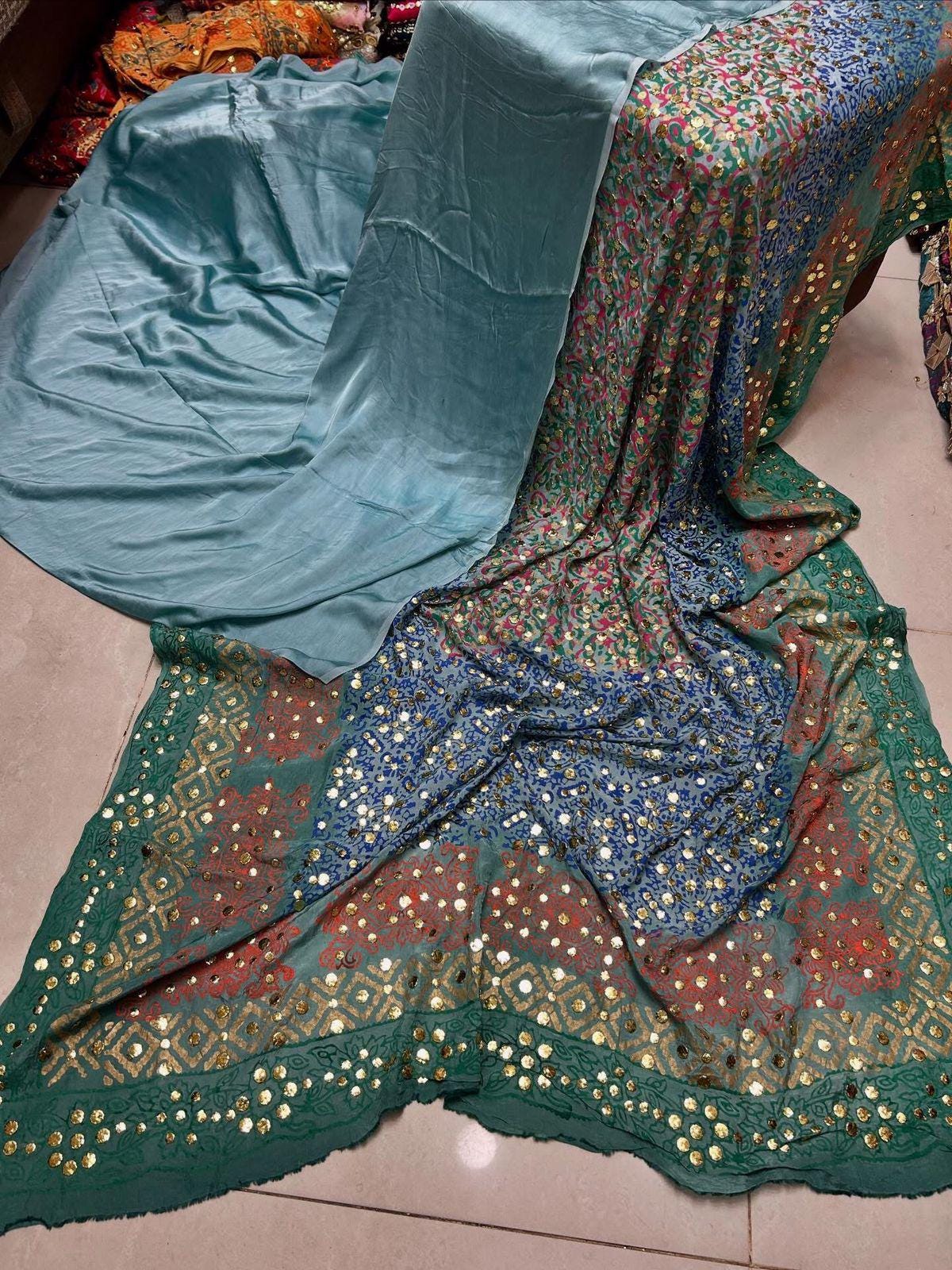 Mukesh Work Silk Suit: Block Print Dupatta, Unstitched Fabric - Etsy