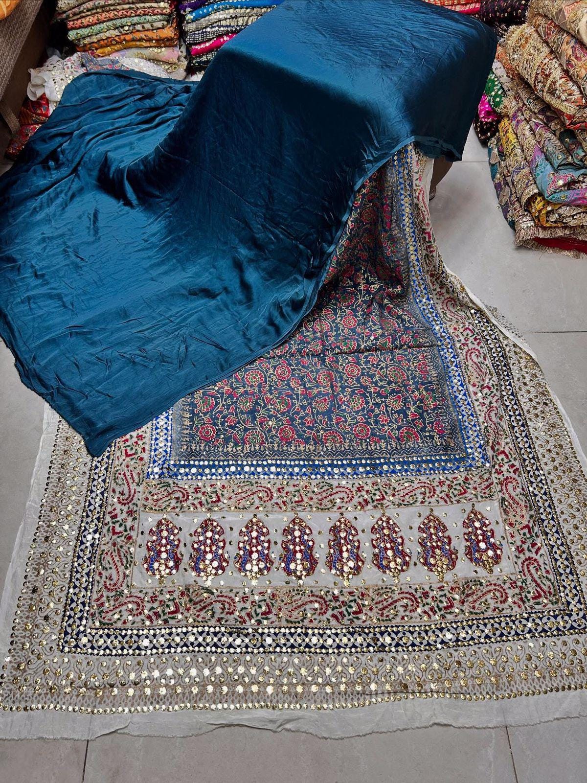 Mukesh Work Silk Suit: Block Print Dupatta, Unstitched Fabric - Etsy
