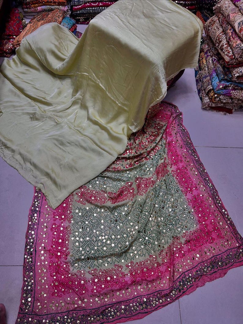 Mukesh Work Silk Suit: Block Print Dupatta, Unstitched Fabric - Etsy