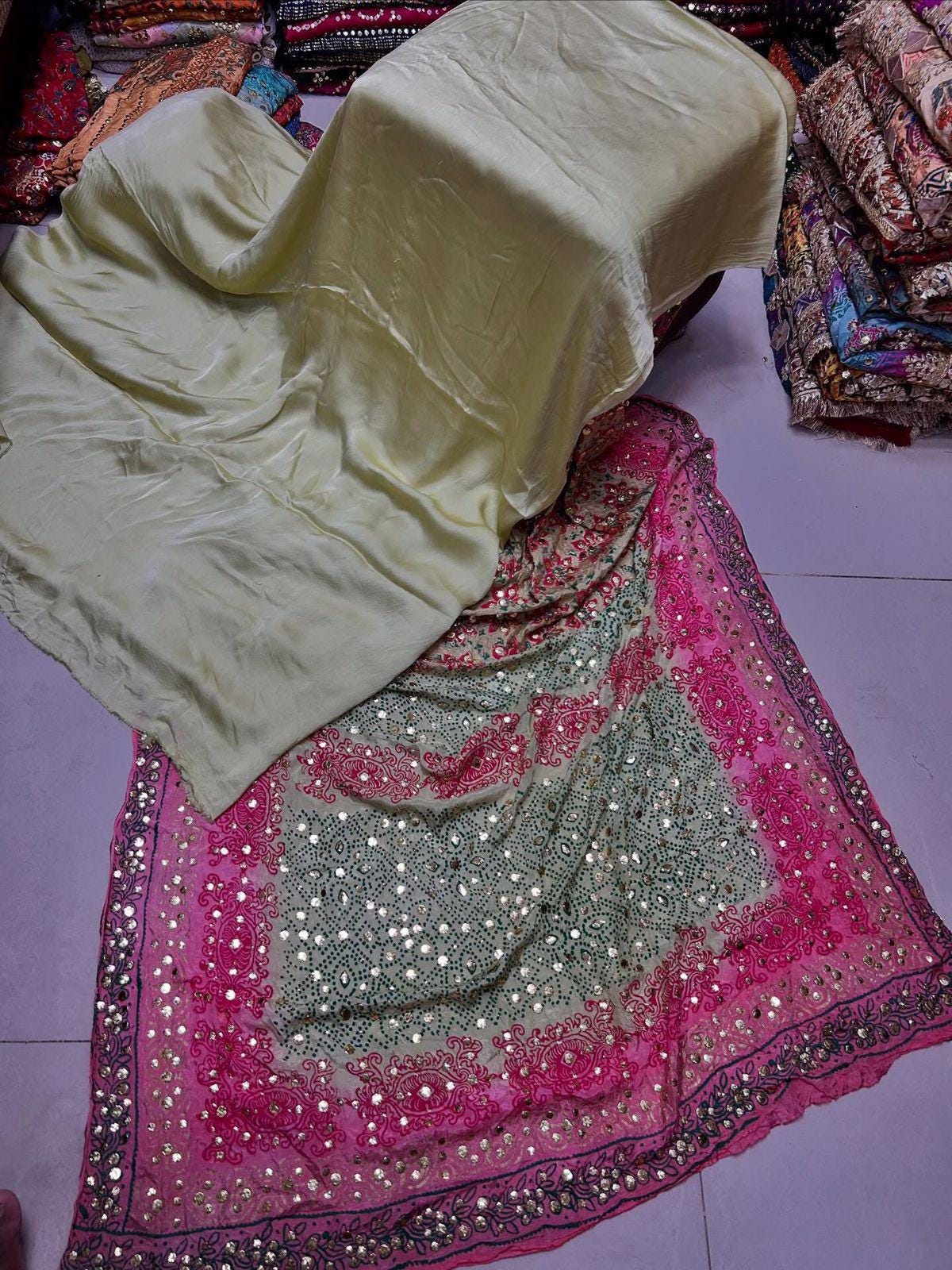 Mukesh Work Silk Suit: Block Print Dupatta, Unstitched Fabric - Etsy