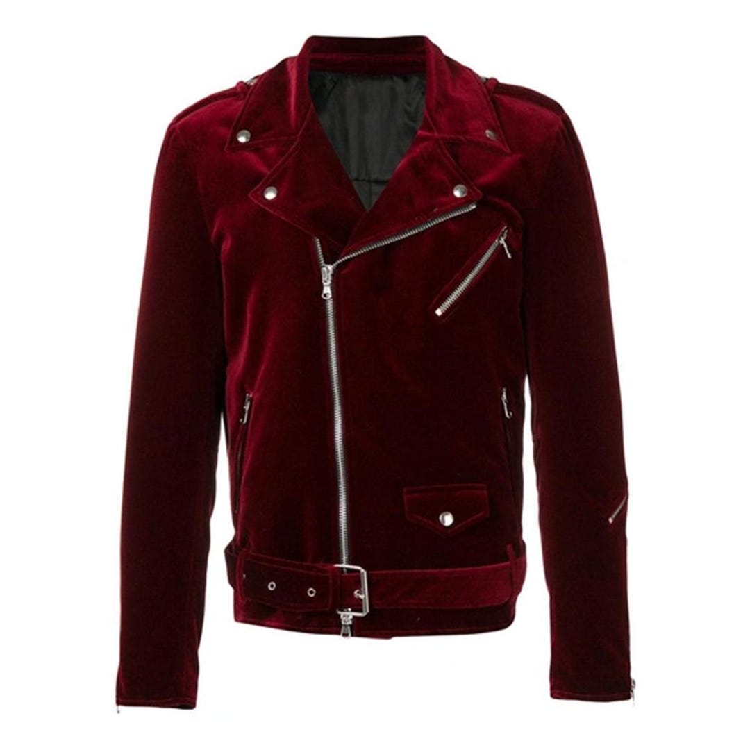 Handmade Men's Burgundy Velvet Biker Jacket - Gothic Steampunk ...