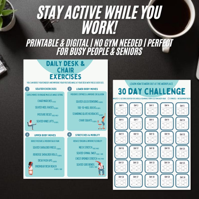 Chair Exercises and Desk Workout Sheet, 30 Day Fitness Tracker, Chair ...