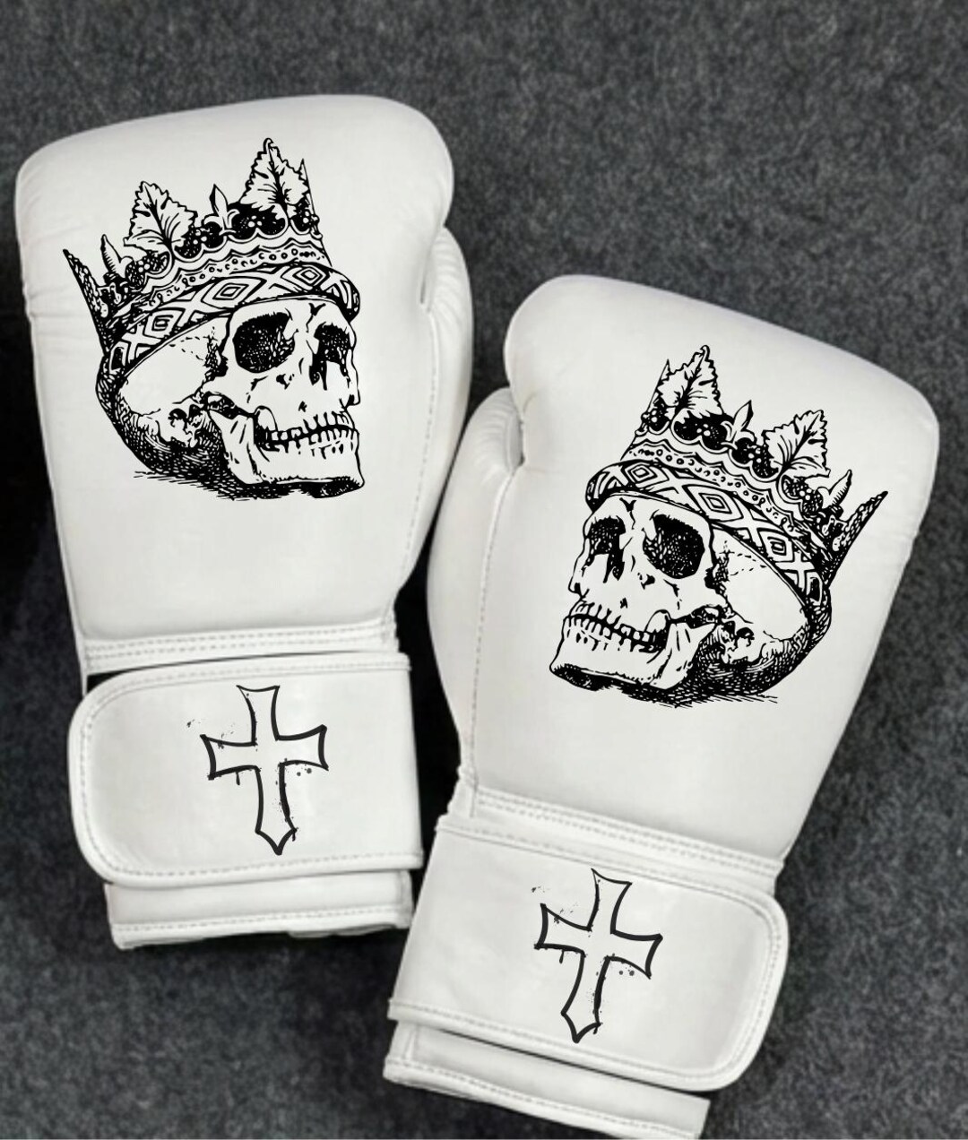 Personalized White Boxing Gloves, Gothic Skull Crown Design, MMA Muay ...