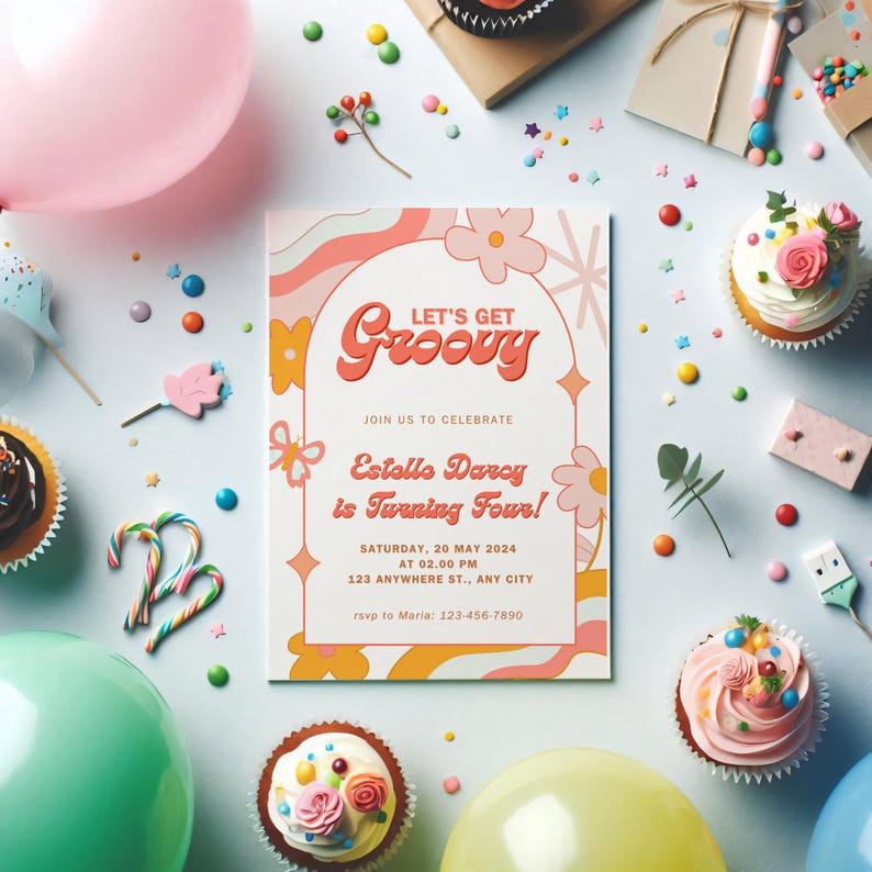Editable Groovy Rainbow Groovy Invite 2nd Birthday Invite Brown ...