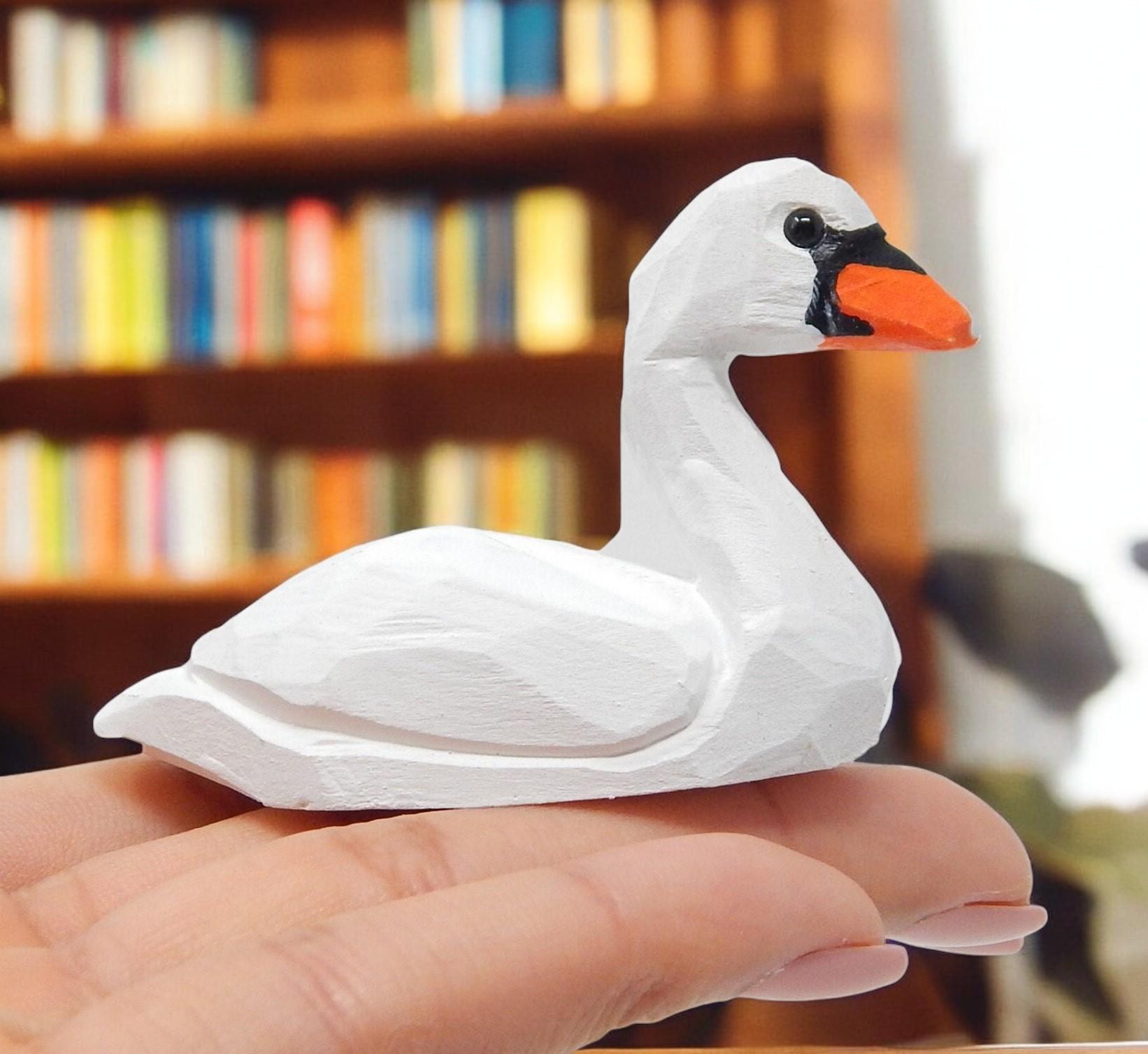 Wood Swan Figurine Decor Art Small Goose Statue Gift Carving Miniature ...