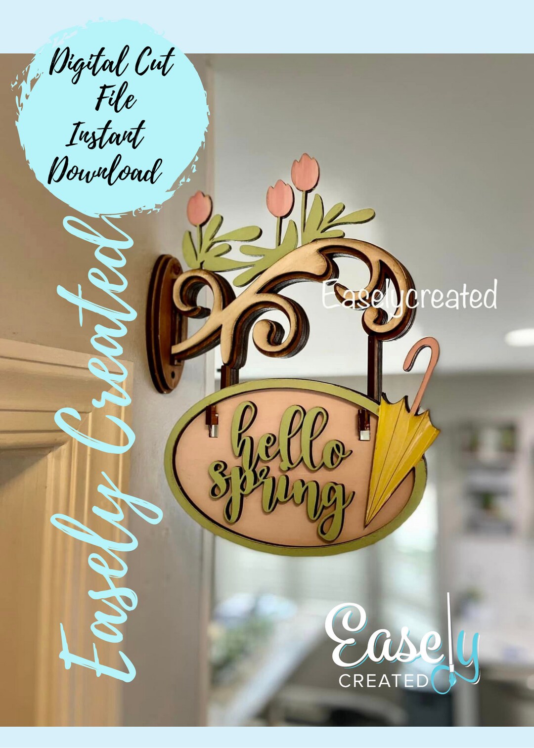 Wall Hanging Door Sign Digital File for "hello Spring and Top Flower ...