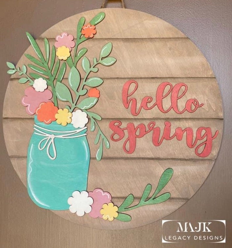 Hello Spring Door Hanger Sign SVG File - 15" Shiplap Mason Jar Door ...