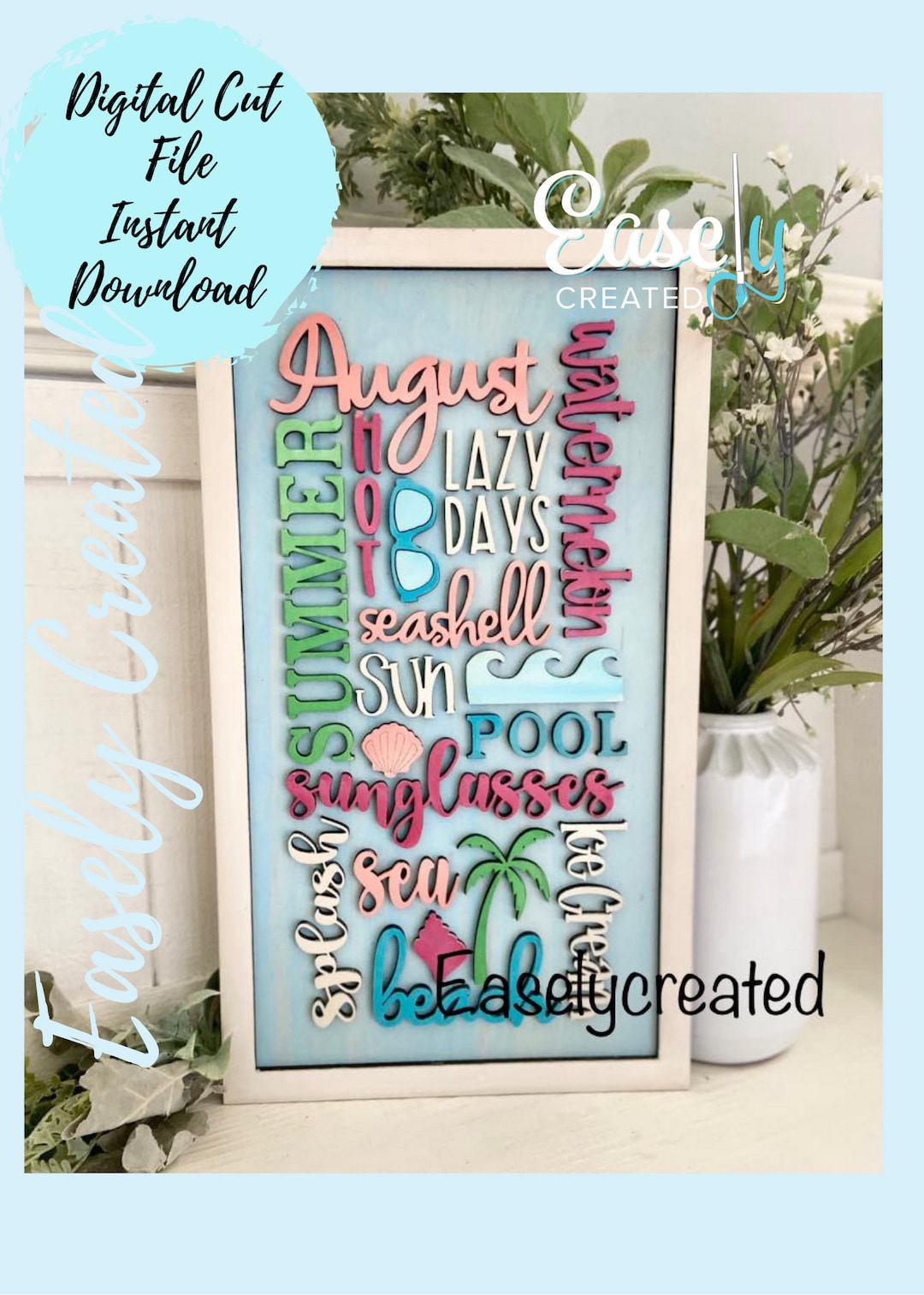 August Beach Pool Seashell Sign Digital File - Beach Summer Palm Tree ...