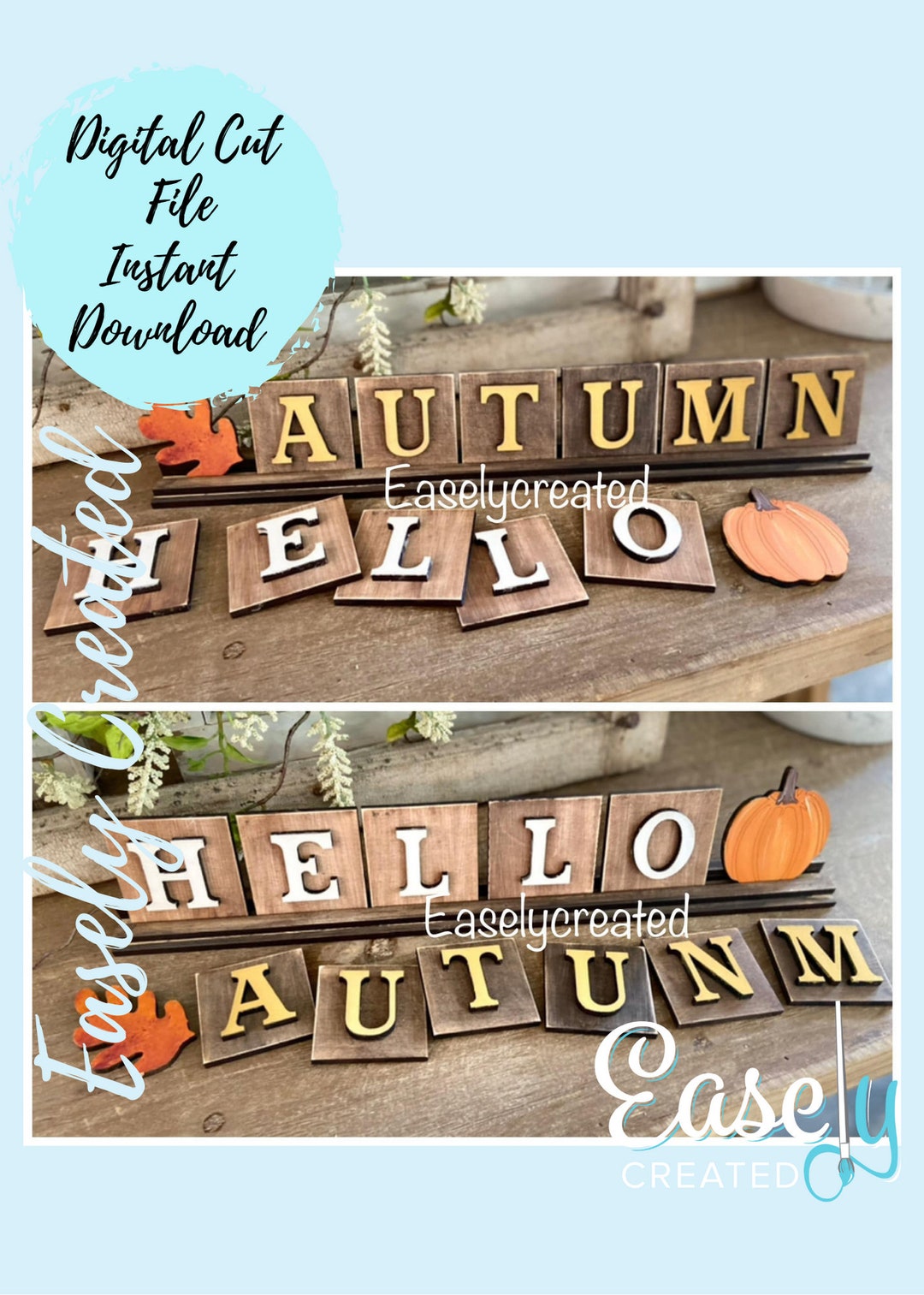 Scrabble Tile Letter Sign Hello Pumpkin and Autumn Leaves SVG File ...