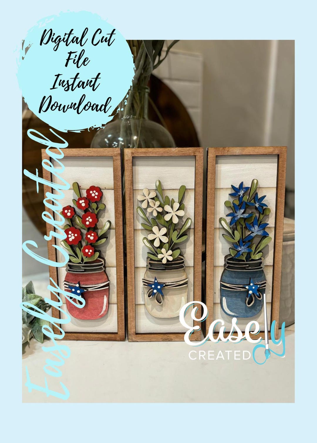 Vertical Trio Shiplap Sign Set Summer July Mason Jar Flowers Holiday ...