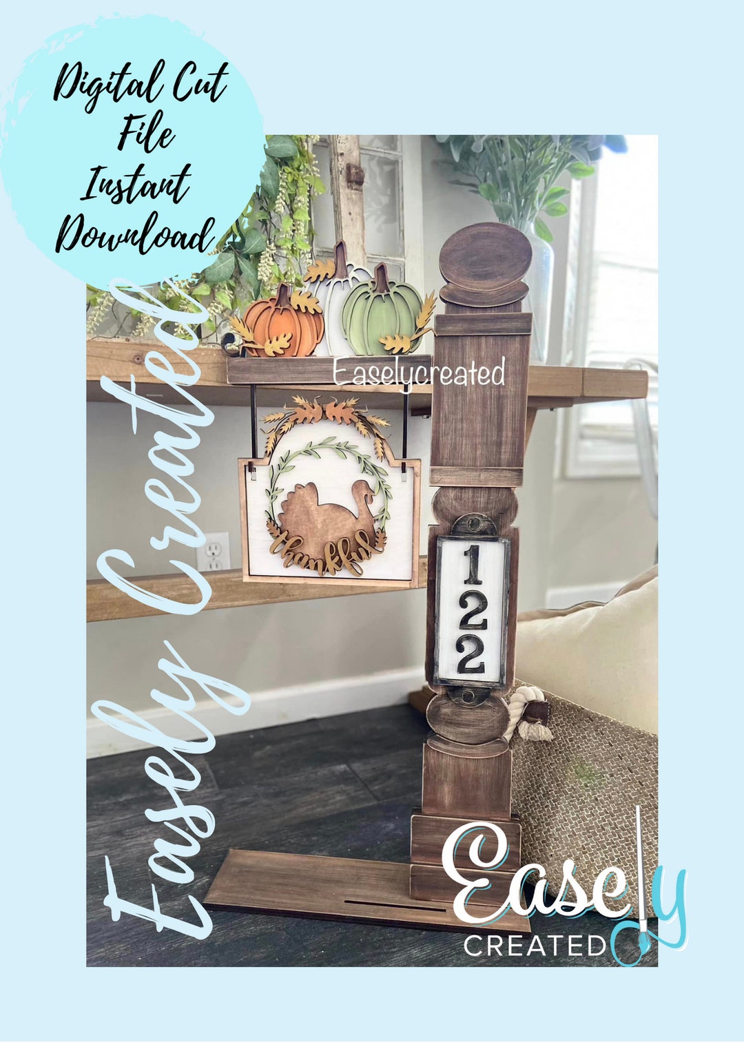 Large Porch Post Sign Interchangeable Insert "thankful" Porch Sign SVG ...