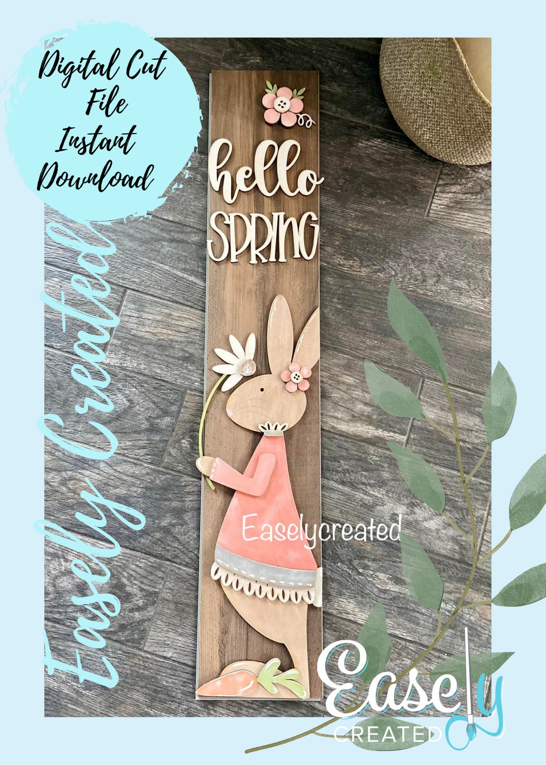 4ft Porch Leaner Hello Spring Bunny Flower Sign Door Porch Easter ...