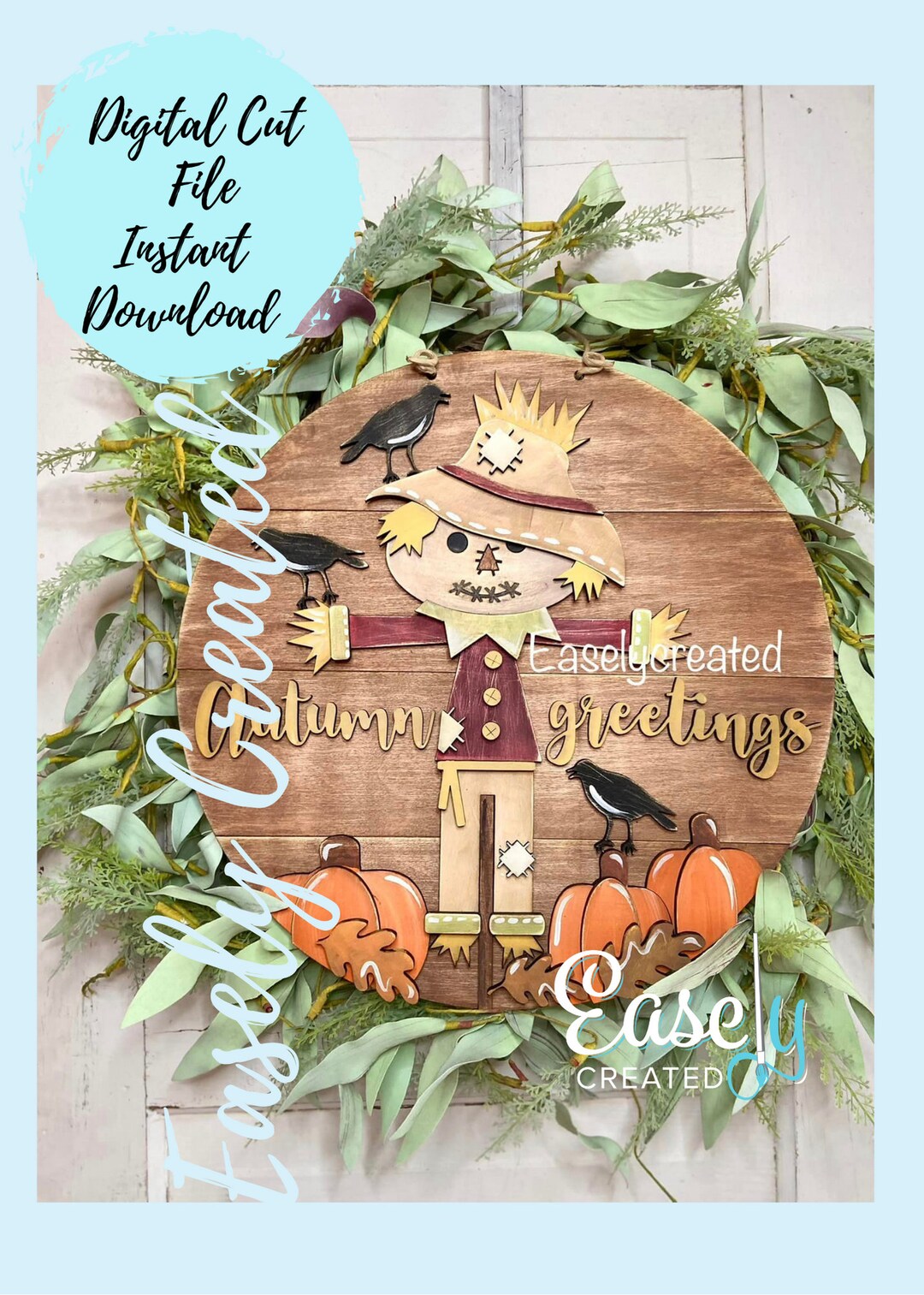Hello Fall Scarecrow Pumpkin Door Hanger Sign SVG File Autumn Greetings ...