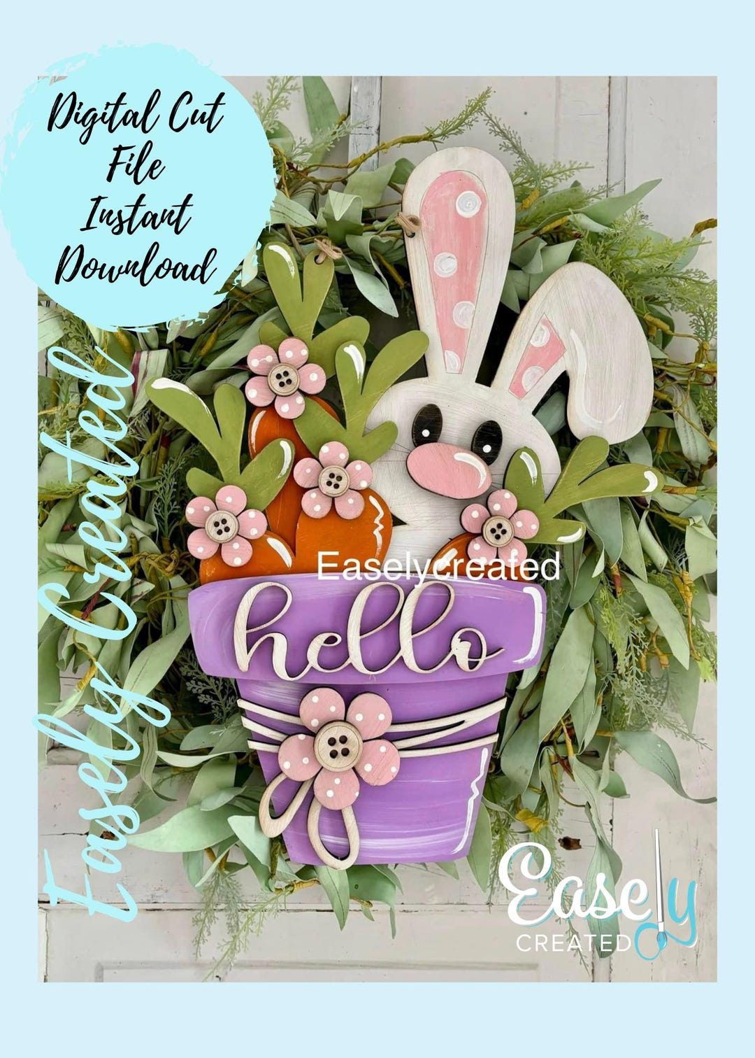 Hello Spring Bunny in Flower Pot Sign Door Hanger Easter Spring ...