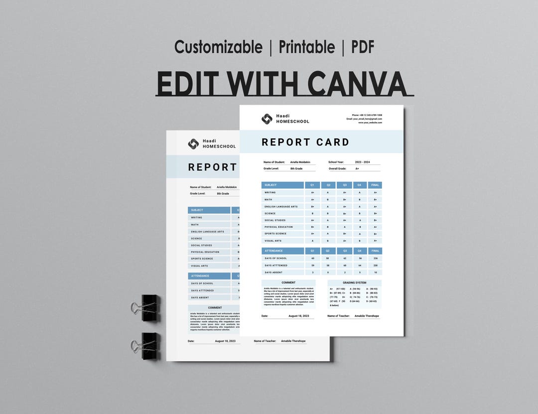 Homeschool Report Card , Editable Grade Template | School Progress ...