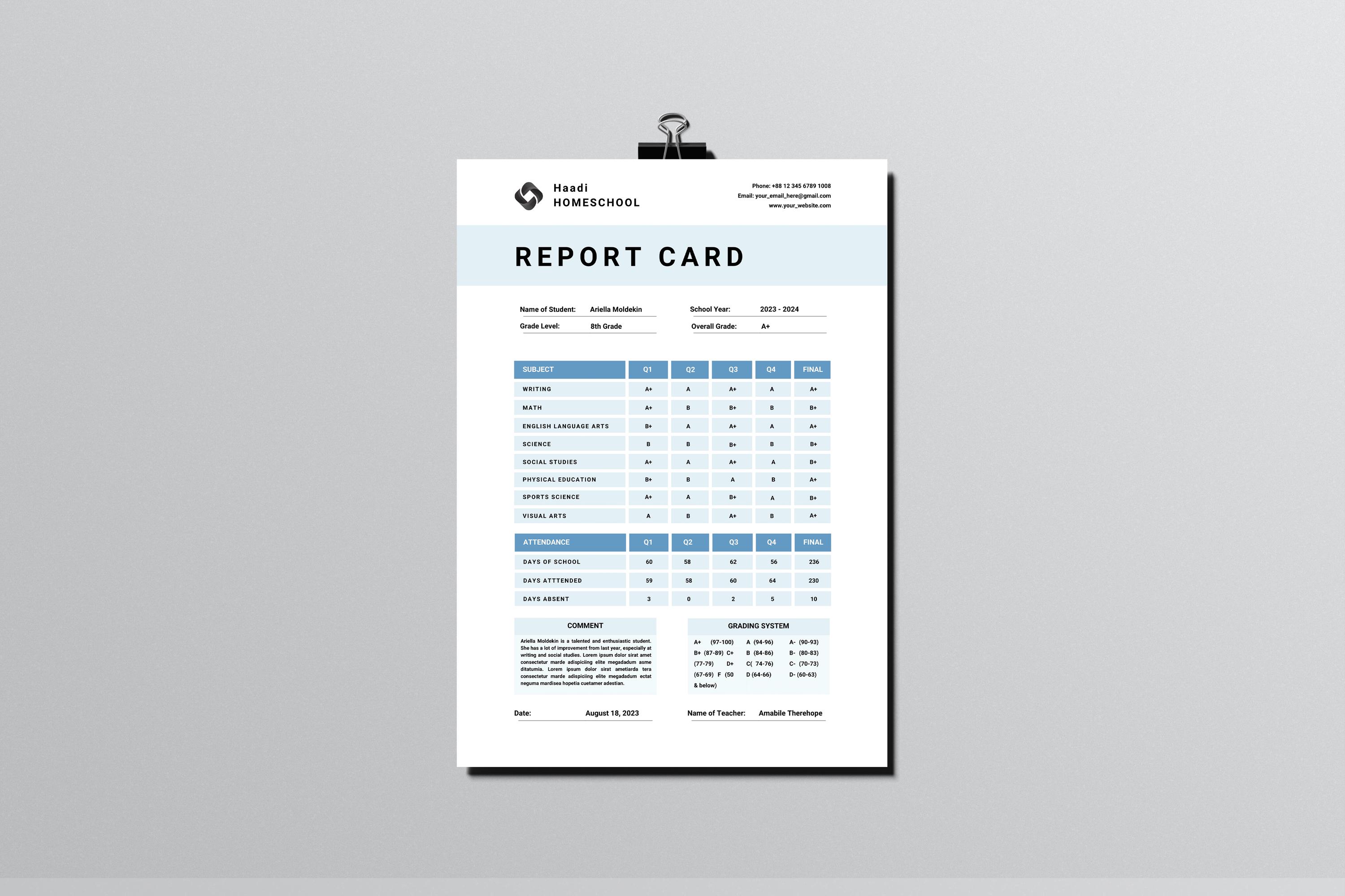 Homeschool Report Card , Editable Grade Template | School Progress ...