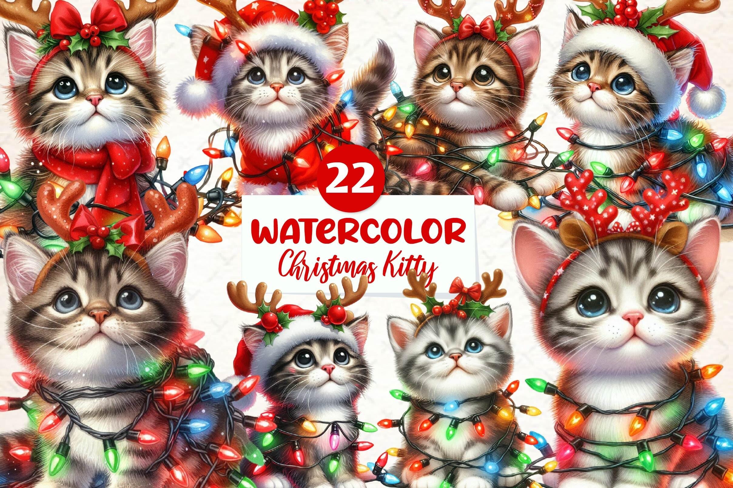 Christmas Kitty Clipart , Watercolor Kitty Christmas Png Clipart Bundle ...