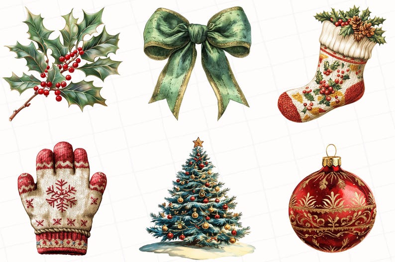 Retro Christmas Clipart , Retro Christmas Clipart Bundle PNG | Instant ...