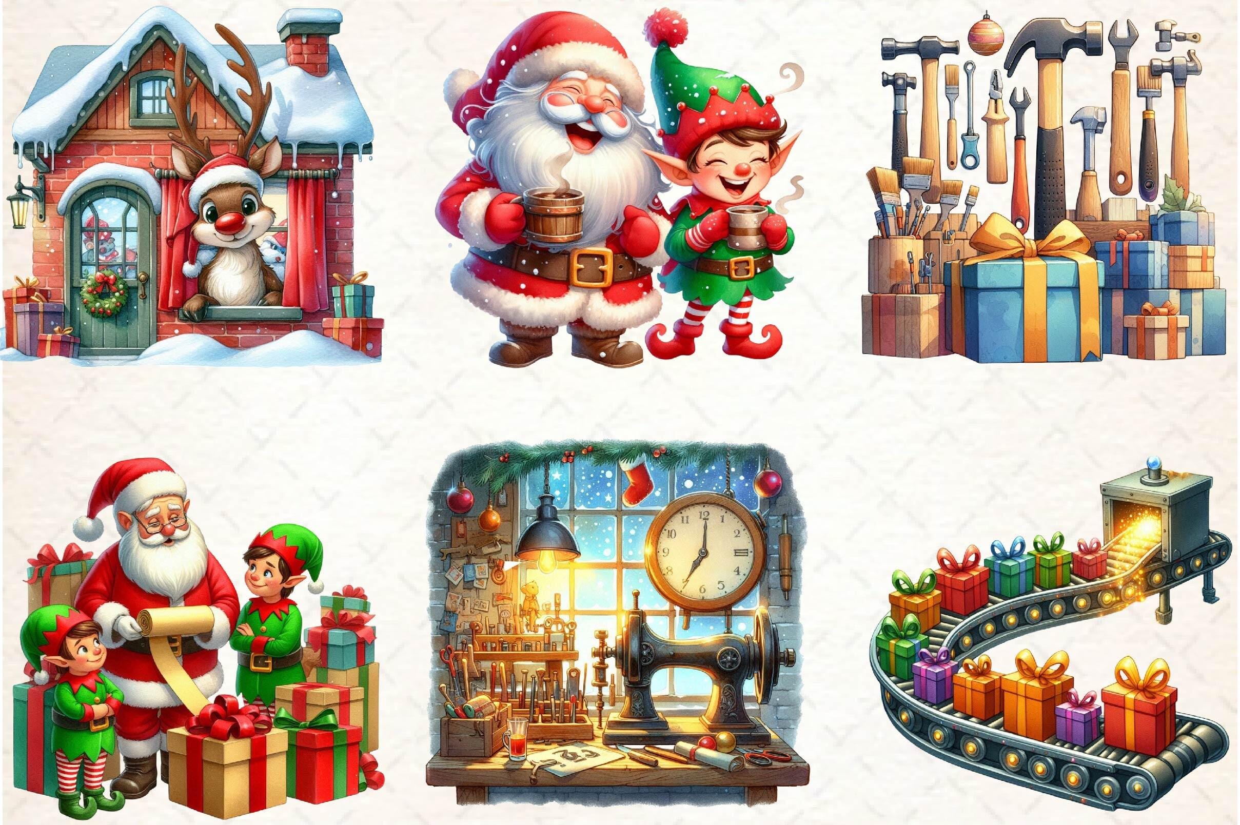 Santa's Workshop Clipart, Watercolor Christmas Clipart Bundle ...