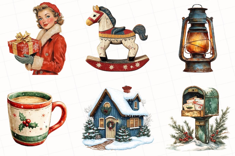 Retro Christmas Clipart , Retro Christmas Clipart Bundle PNG | Instant ...