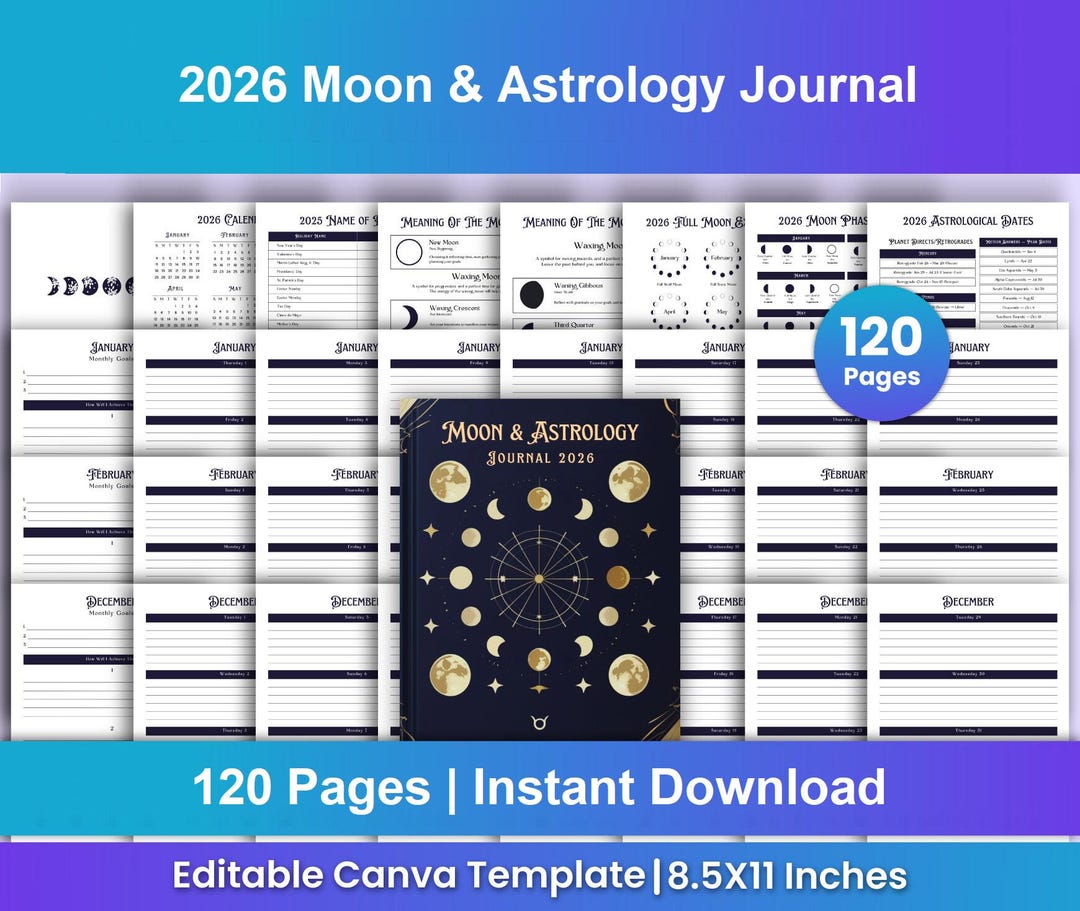 2026 Moon Planner, 2026 Astrology Planner, Lunar Phases Journal | Canva ...