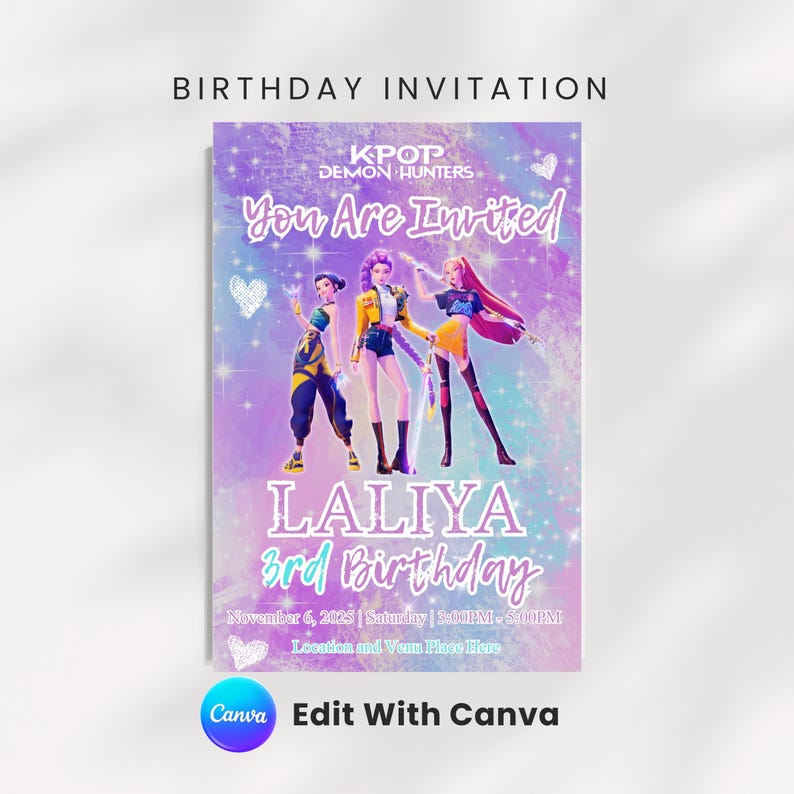 Editable Kpop Demon Hunters Birthday Invitation, Demon Hunters Party ...