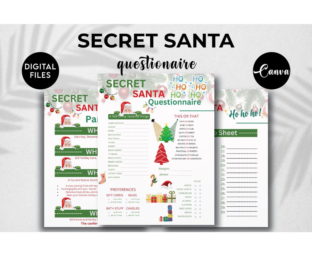 Secret Santa Questionnaire, Editable Secret Santa Work List Sheet ...