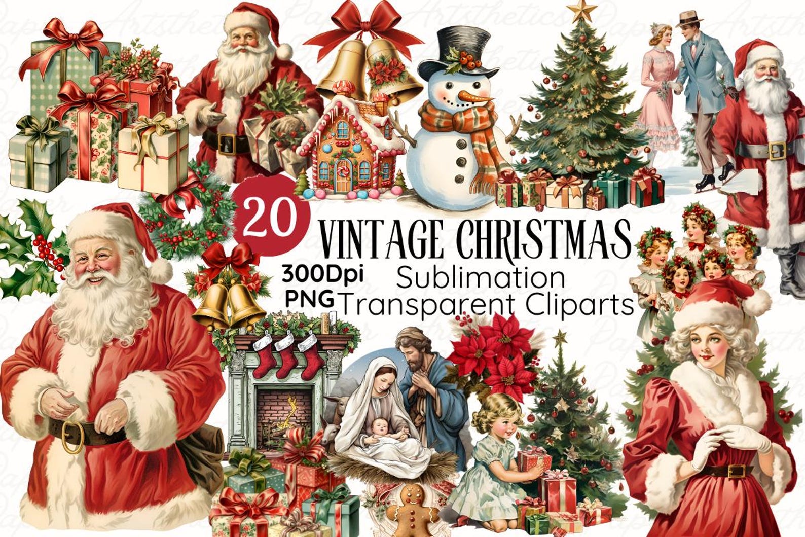 Vintage Christmas Clipart, Vintage Christmas Clipart PNG Bundle | Retro ...