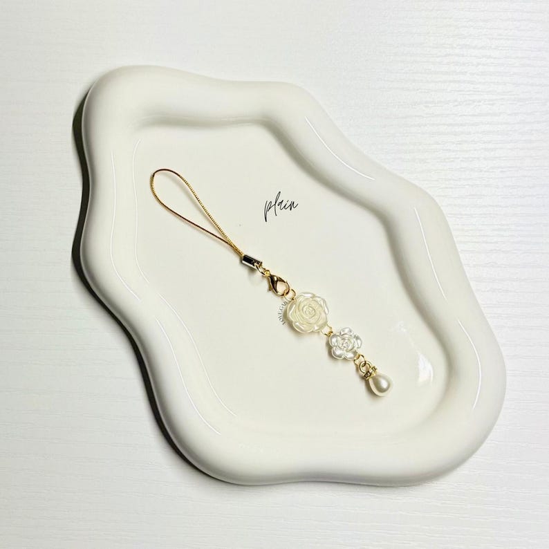 Elegant Rose Flower Pearl Phone Charm Keychain, White Flower Phone ...