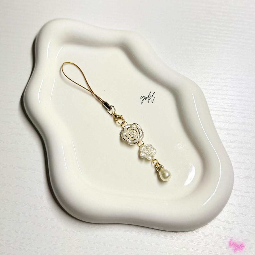 Elegant Rose Flower Pearl Phone Charm Keychain, White Flower Phone ...