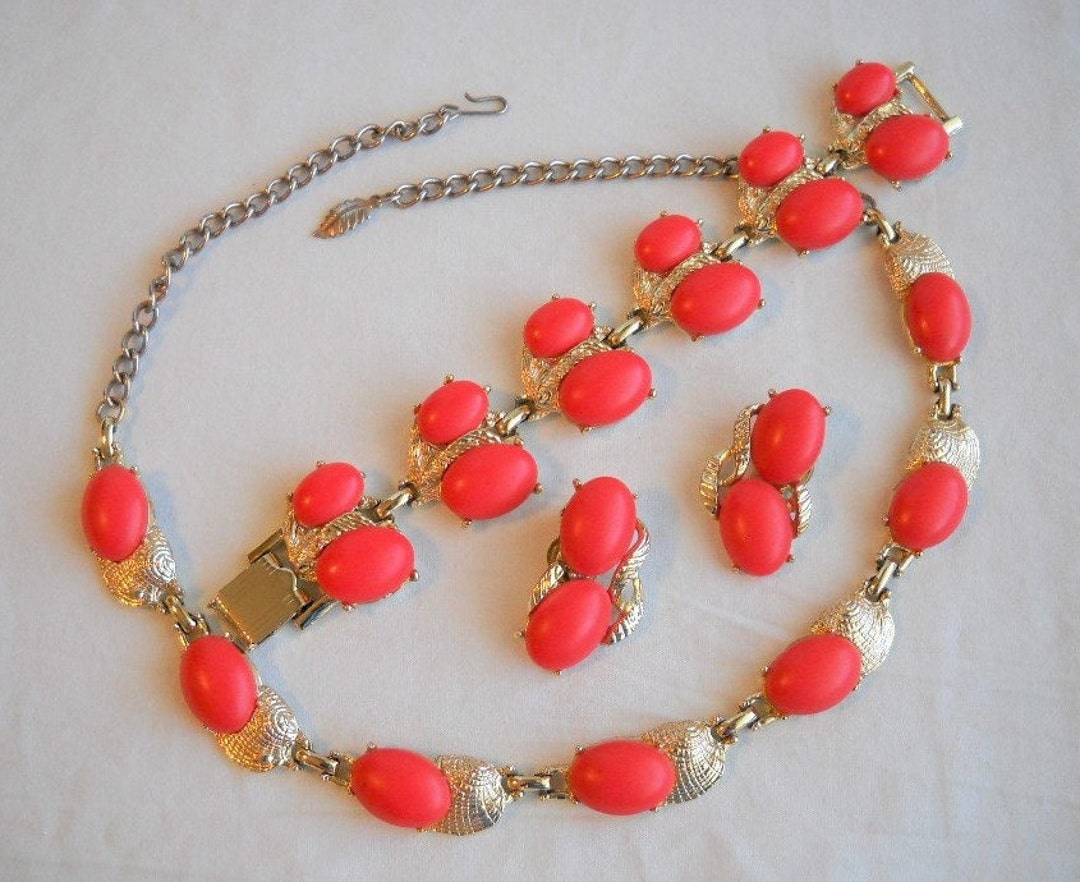 Vintage Parure Necklace Bracelet Earrings SET Chunky Red - Etsy