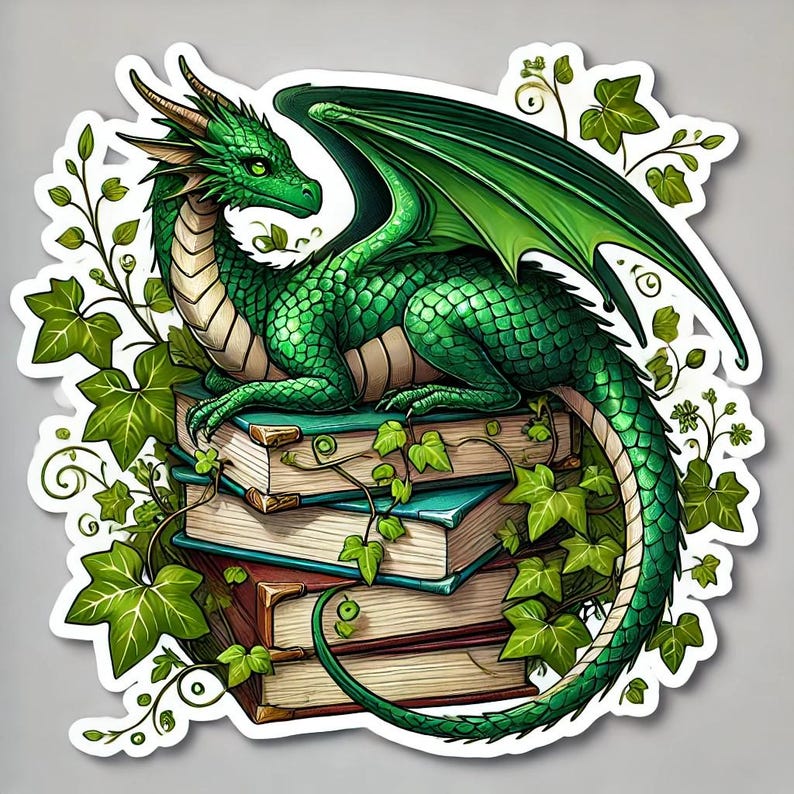 Dragon Sticker Pack - Cozy Fantasy Dragon Resting on Antique Books With ...