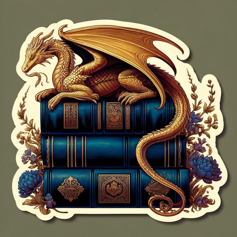 Dragon Sticker Pack - Cozy Fantasy Dragon Resting on Antique Books With ...
