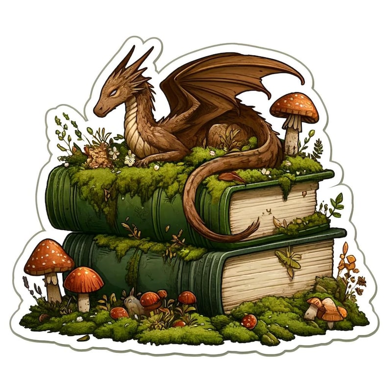 Dragon Sticker Pack - Cozy Fantasy Dragon Resting on Antique Books With ...