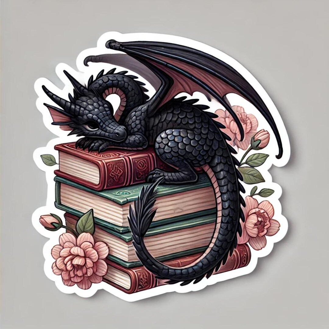 Dragon Sticker Pack - Cozy Fantasy Dragon Resting on Antique Books With ...