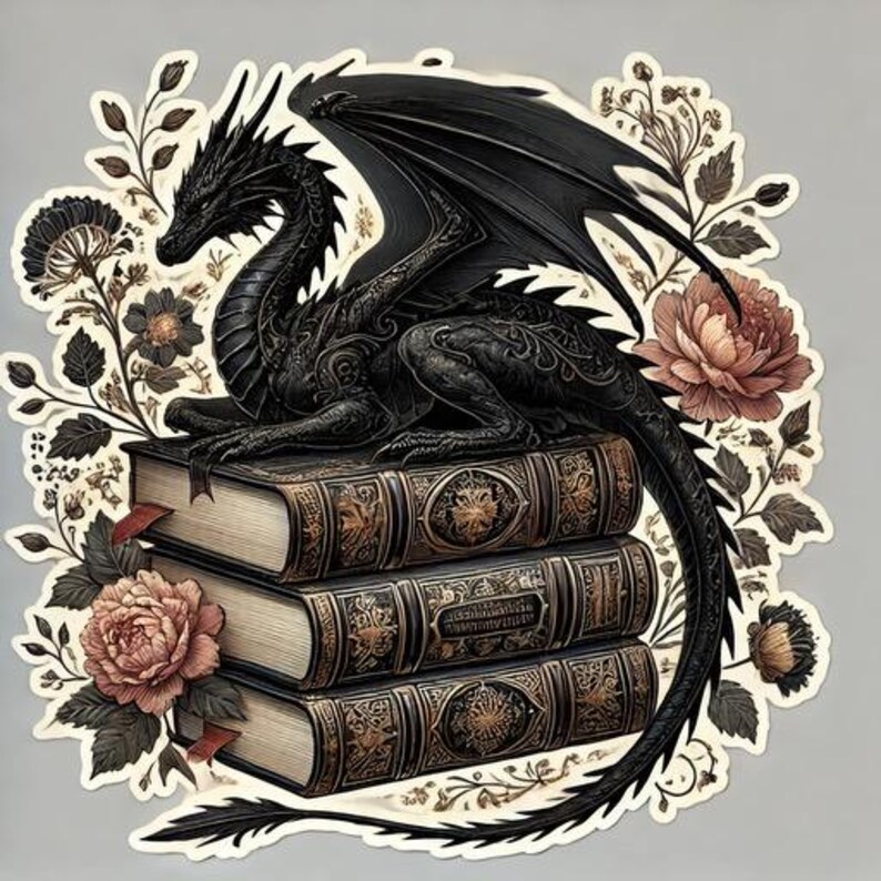 Dragon Sticker Pack - Cozy Fantasy Dragon Resting on Antique Books With ...