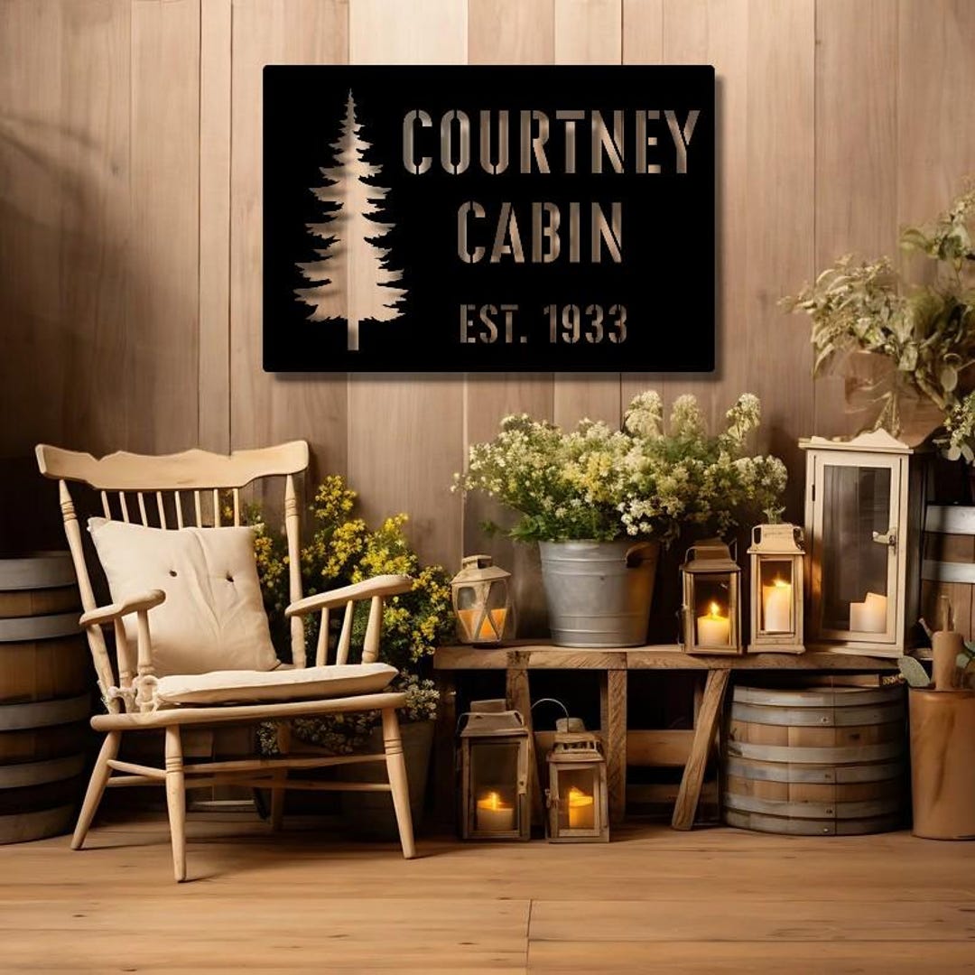 Personalized Metal Cabin Name Sign, Custom Pine Tree Metal Sign ...