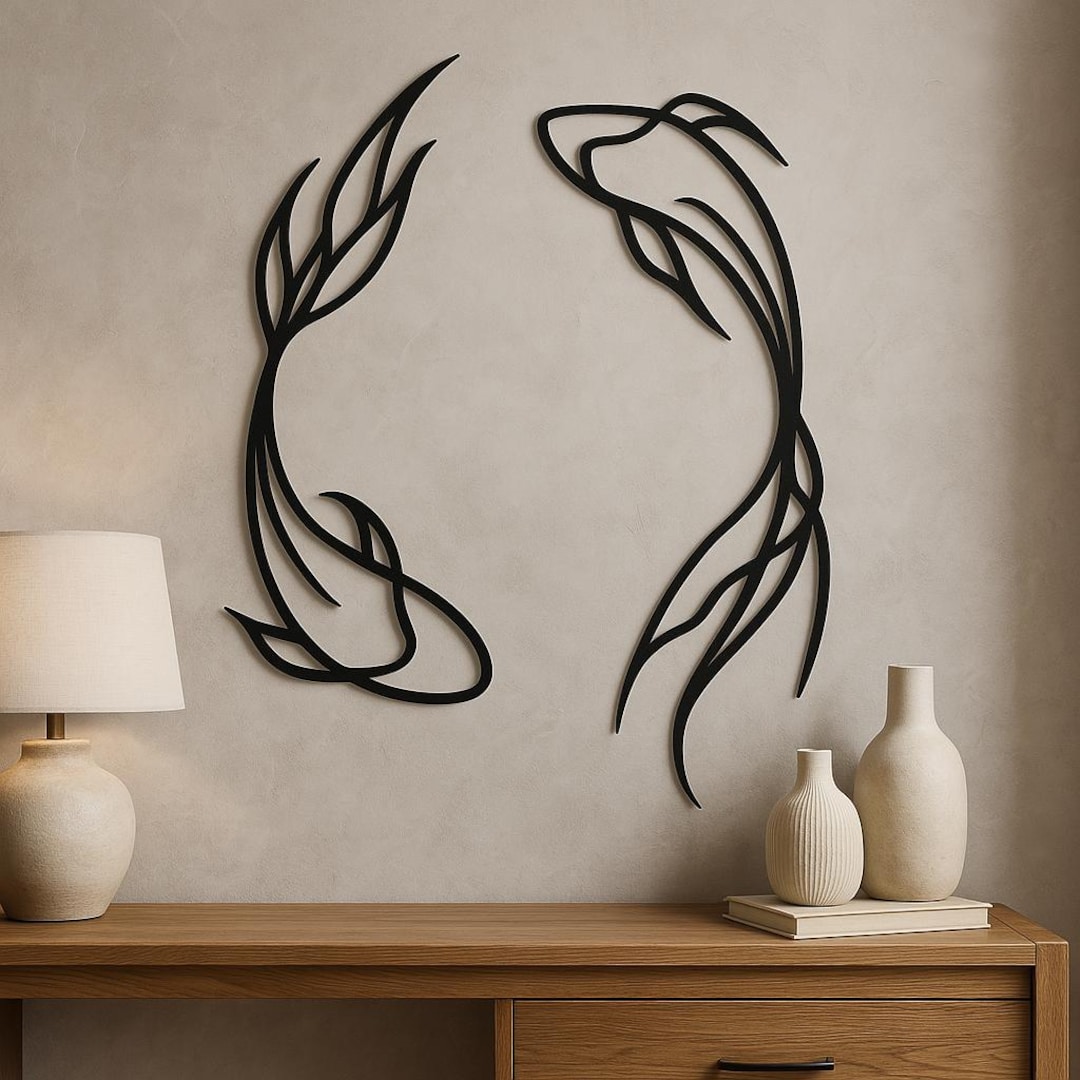 Minimalist Feng Shui Koi Fish Metal Wall Art - Line Art Betta Fish ...