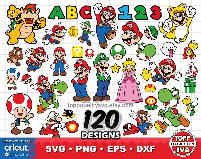 Mario 120 Cliparts Bundle + Alphabet: SVG Cut Files for Cricut ...